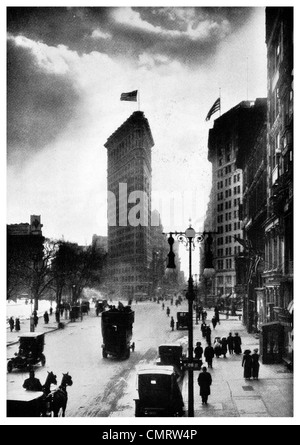 A black and white picture of the Flatiron Building as seen from the ...