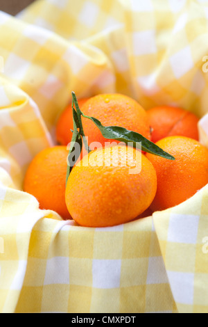 Satsumas photographed on yellow gingham and hessian. One satsuma has ...