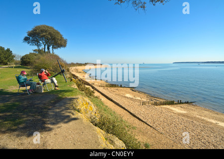 The beach at Lepe country park on a hot and sunny summers day Hampshire ...