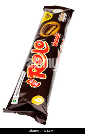 packet of new Nestle Rolo chocolate bar open to show contents isolated ...