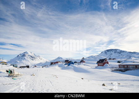 Village scene with dogs, Kulusuk, East Coast, Greenland, Polar Regions ...