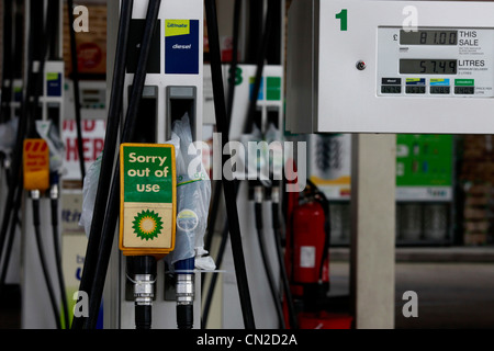 A BP fuel pump is sold out of unleaded and diesel at a garage in North ...