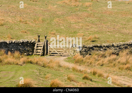 traditional stone gate or stile in a dry stone wall with flowers and ...