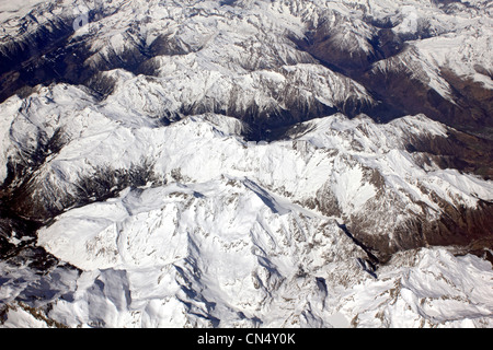 View from plane of snow covered Pyrenees Mountains between France and ...
