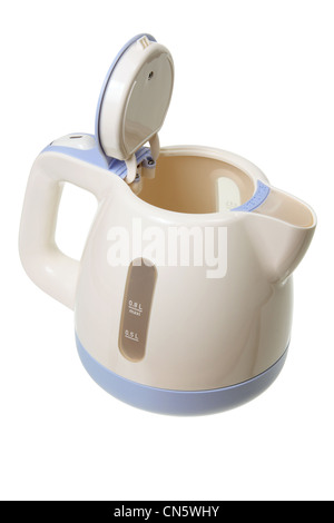 White electric kettle open lid with plastic body and stainless metal ...
