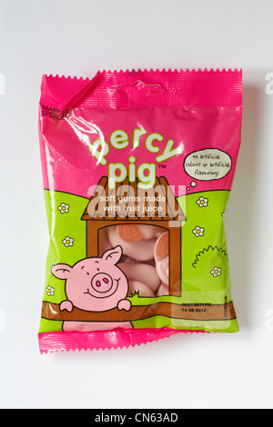 Bag of Marks & Spencer percy pig fruity chews sweets opened with contents spilled spilt set on ...