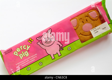 Packet of Marks & Spencer Percy Pig biscuits undone to show contents set on white background ...