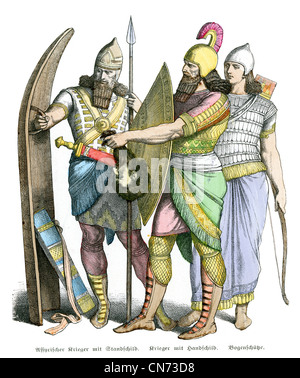 Antique illustration of costumes from Assyria. From left to right: 1,2 ...