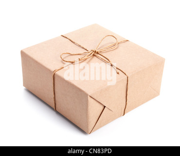 Gift box with brown Kraft paper surrounded with pink daisies and ...