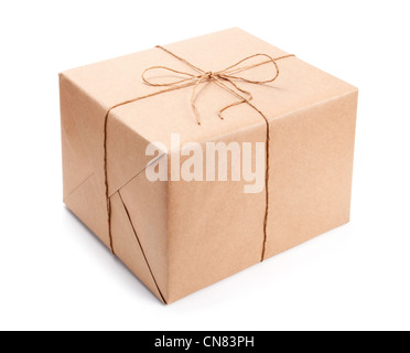 brown paper box tied with white string ready to send isolated on white ...