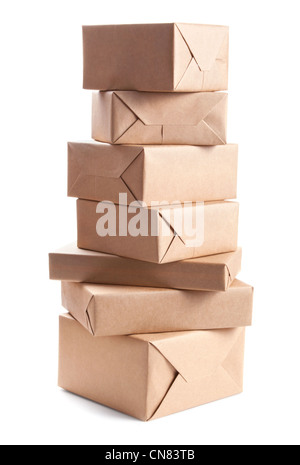 Brown wrapped present box isolated on white Stock Photo - Alamy
