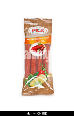 Packet of Pick, Hungarian salami isolated on a white studio background ...