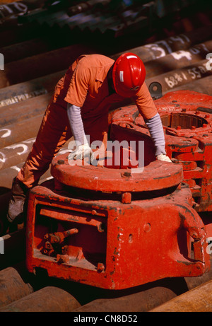 Roughneck action with drill pipe on the rig floor of an offshore ...