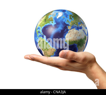 Conceptual symbol of a green Earth globe with multiracial human hands ...