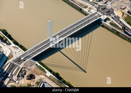 Aerial view of the Eric Tabarly suspension bridge in Nantes, Loire ...