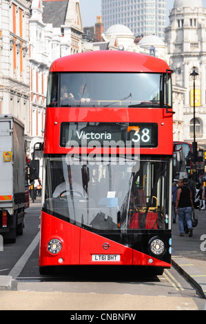 Front of public transport red 38 double decker London bus variously ...