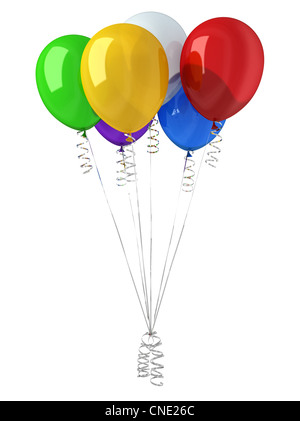 Happy birthday card with multicolor balloons, ribbons, confetti, flags ...
