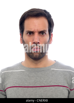 Portrait of shocked young man in bathrobe on pink background Stock ...