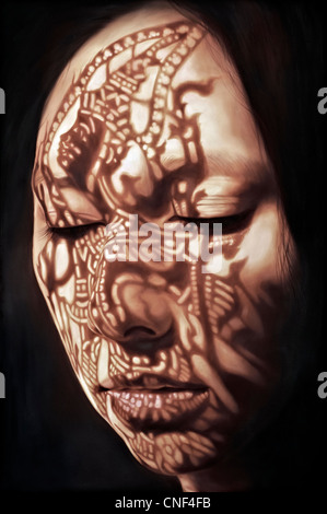 Face of a woman with reflections from a stained glass window Stock ...