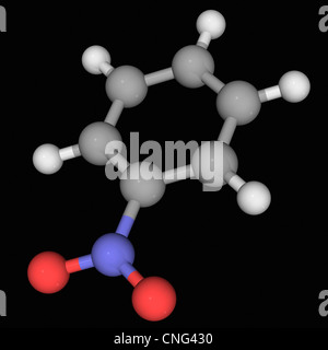 Nitrobenzene. Molecular model of the organic compound nitrobenzene (C6 ...