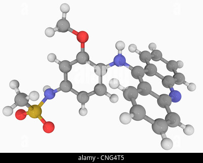 Amsacrine leukaemia drug molecule. Chemical formula is C21H19N3O3S ...
