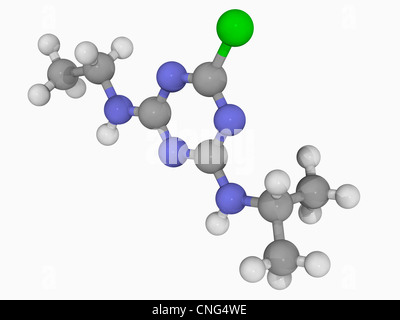 Atrazine herbicide, molecular model. Atoms are represented as spheres ...