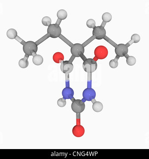 Barbital. Molecular model of the barbiturate drug barbital (C8.H12.N2 ...