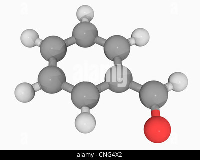 Benzaldehyde. Molecular model of the aromatic aldehyde known as ...