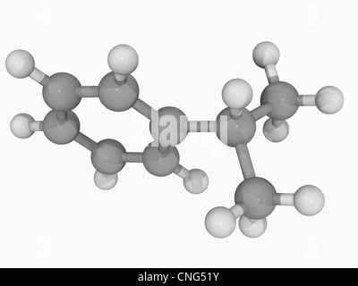 Cumene (isopropylbenzene) aromatic hydrocarbon molecule. Atoms are ...