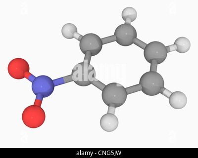Nitrobenzene. Molecular model of the organic compound nitrobenzene (C6 ...