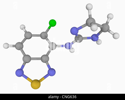 Tizanidine. Molecular model of the drug tizanidine (C9.H8.Cl.N5.S), a ...