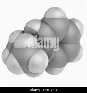 Cumene (isopropylbenzene) aromatic hydrocarbon molecule. Atoms are ...