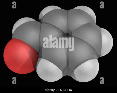 Benzaldehyde. Molecular model of the aromatic aldehyde known as ...