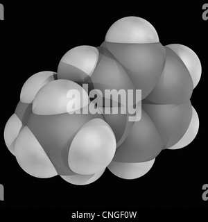 Cumene (isopropylbenzene) aromatic hydrocarbon molecule. Atoms are ...