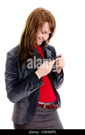 Happy girl typing sms on white background copy space, image of a ...
