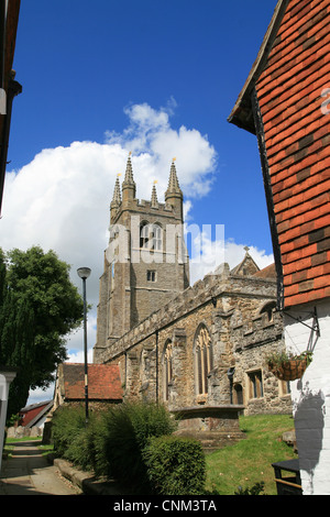 UK, Kent, Tenterden, St Mildred’s church tower above Bells Lane ...