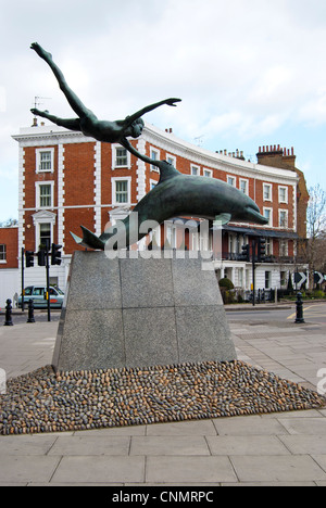 Boy with a Dolphin sculpture by David Wynne outside the Mercedes-Benz ...