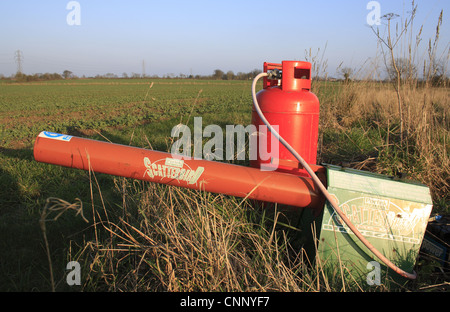 Gas-gun, gas powered bird scarer at edge of arable field, Bacton ...