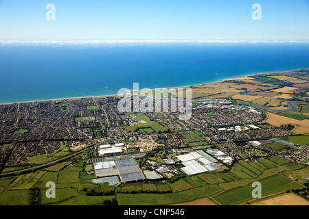 Aerial view over Littlehampton beach at low tide with a new sandbar in ...
