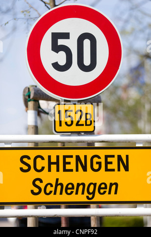 Village sign of Schengen and traffic sign speed limit 50 km/h, Schengen ...