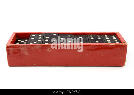 Old red carboard dominos box over white Stock Photo - Alamy