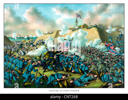Civil War print depicting the Union Army's capture of Fort Fisher. The ...
