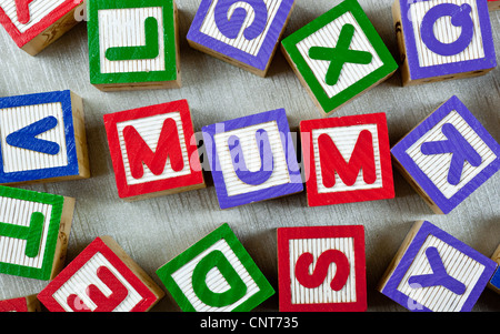 Alphabet blocks forming the word MUM isolated on white background Stock ...
