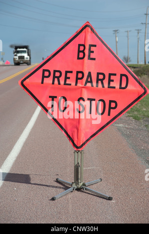 Orange "Be prepared to stop" sign at a construction site Stock Photo ...