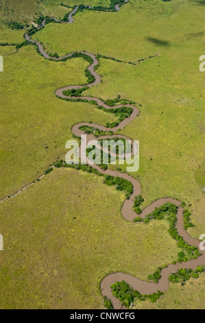 Rufiji delta river snaking through a swap, aerial view, Lindi Region ...
