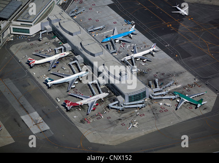 Aerial, International Airport of San Francisco, SFO, runways, airport ...