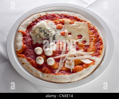 Pizza Quattro Formaggi, four cheese pizza isolated on white background. Side view Stock Photo ...