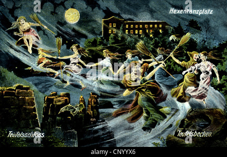 witches, Walpurgis Night, witches' sabbath on the Blocksberg, woodcut ...