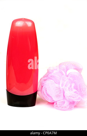 sponge shower and soap isolated on white background Stock Photo - Alamy