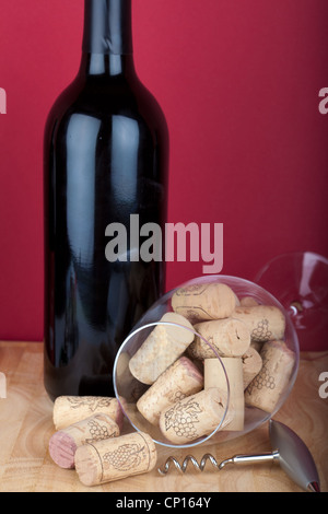 Wine bottle, corkscrew and corks in wooden box. Top view Stock Photo ...